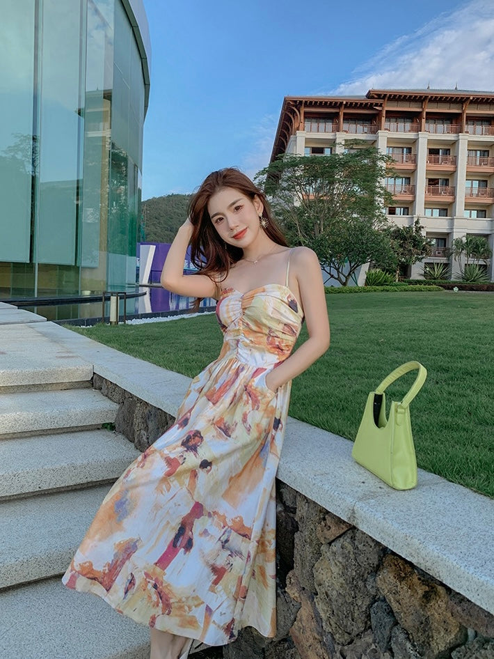 Shirred Back Side Pockets Splash Print Cami Dress – Melody Ong Fashion